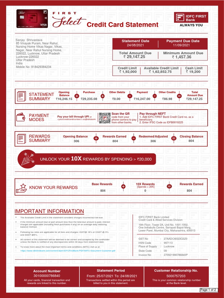 IDFC FIRST Bank - Credit Card - Statement - 24082021 | Download Free ...