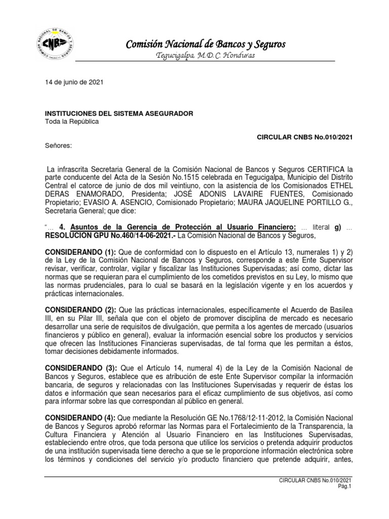 Comisión Nacional de Bancos y Seguros: Tegucigalpa, M.D.C. Honduras | PDF | Seguro | Reaseguro