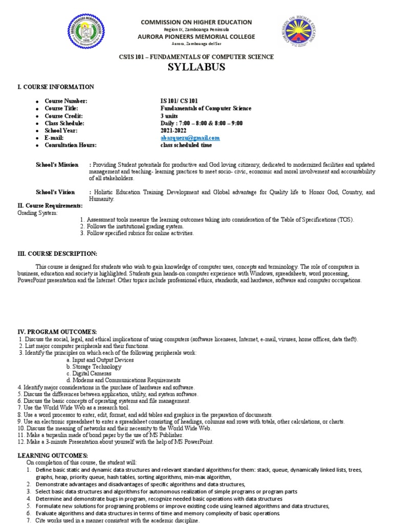 Syllabus in Education Is101 | PDF | Algorithms | Spreadsheet