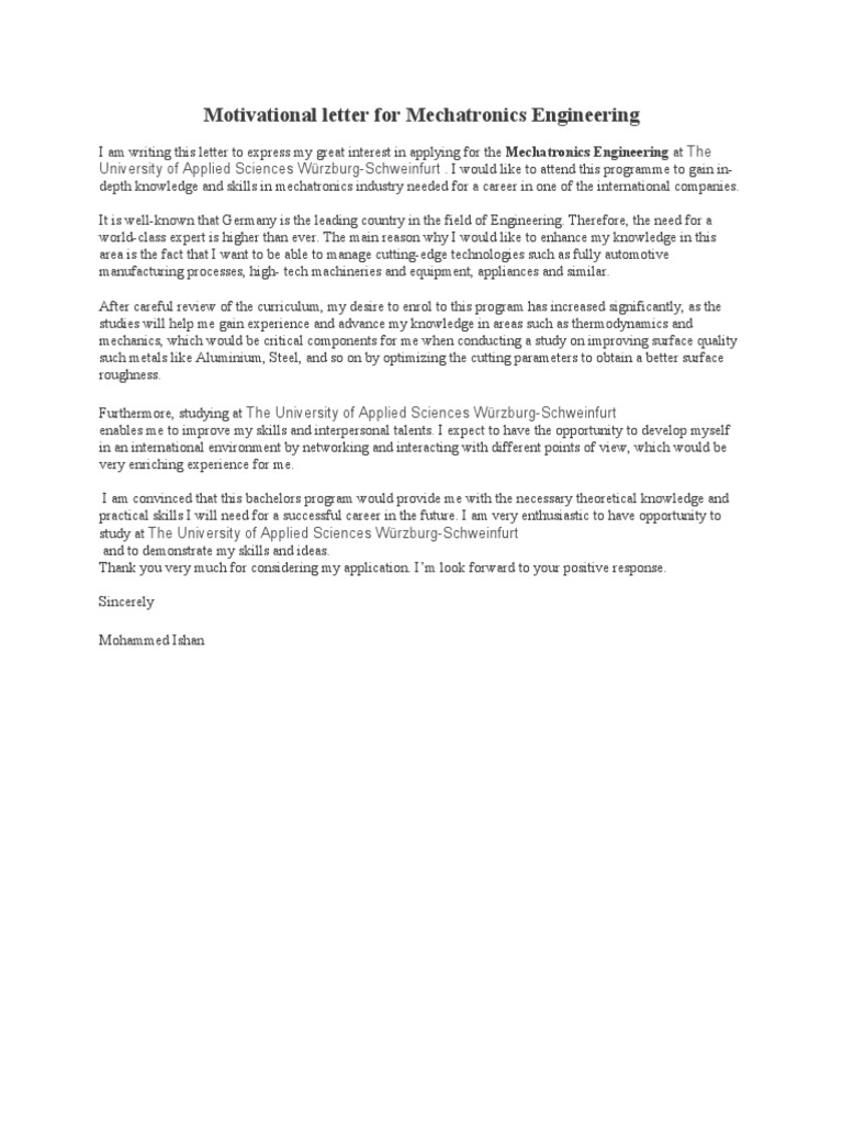 Motivational Letter For Mechatronics Engineering | PDF