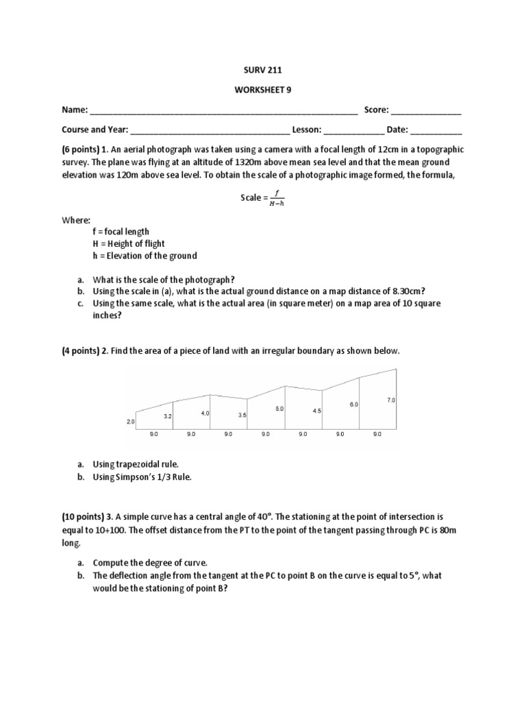 Surveying Worksheet 9 | PDF | Angle | Area