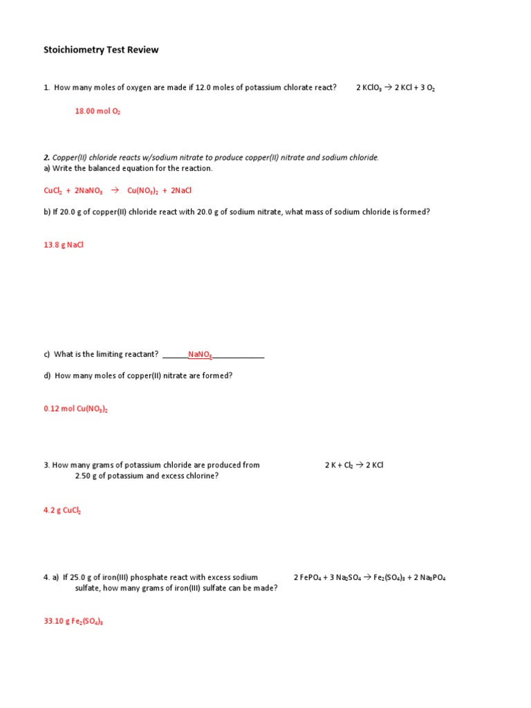 Stoichiometry Test Review KEY | PDF | Science & Mathematics