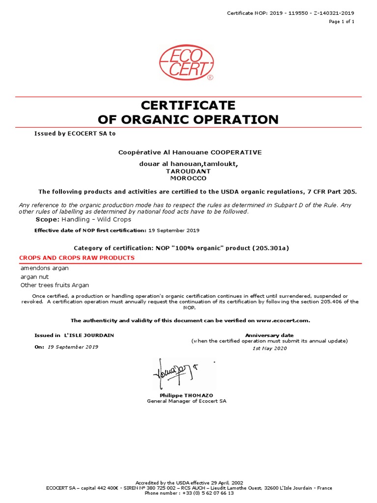 SA - Certificat NOP - V11 | PDF | Food And Drink | Agriculture