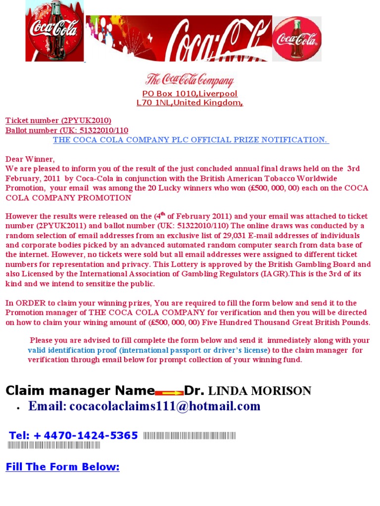 Notification Of Prize Winning From Alleged Coca Cola Promotion Raises