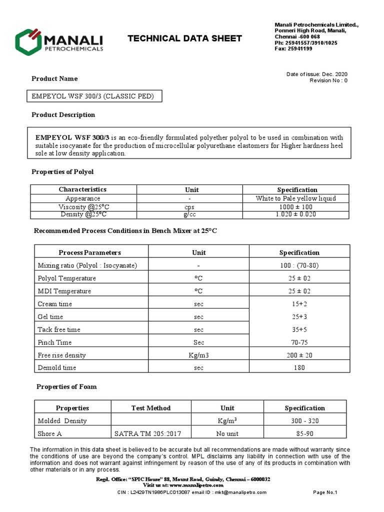 Manali Petrochemicals EMPEYOL WSF 300/3 Technical Data Sheet | PDF ...