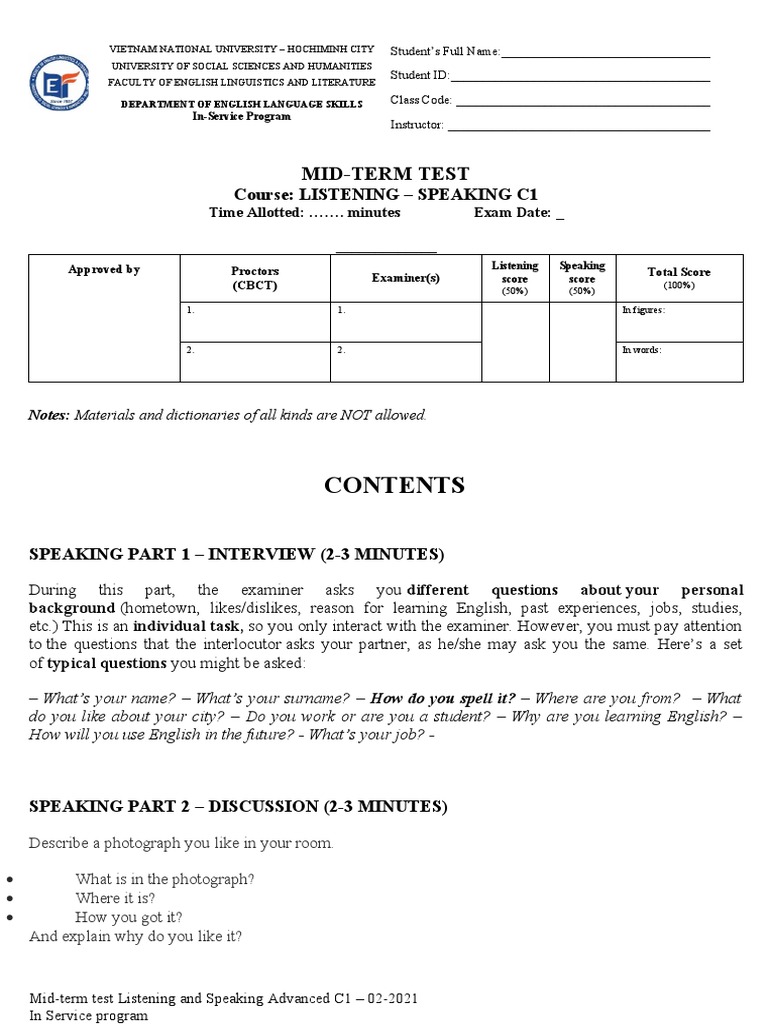 Listening and Speaking Advanced c1 - Mid Term Test Ussh - 02-2021 Ielts ...