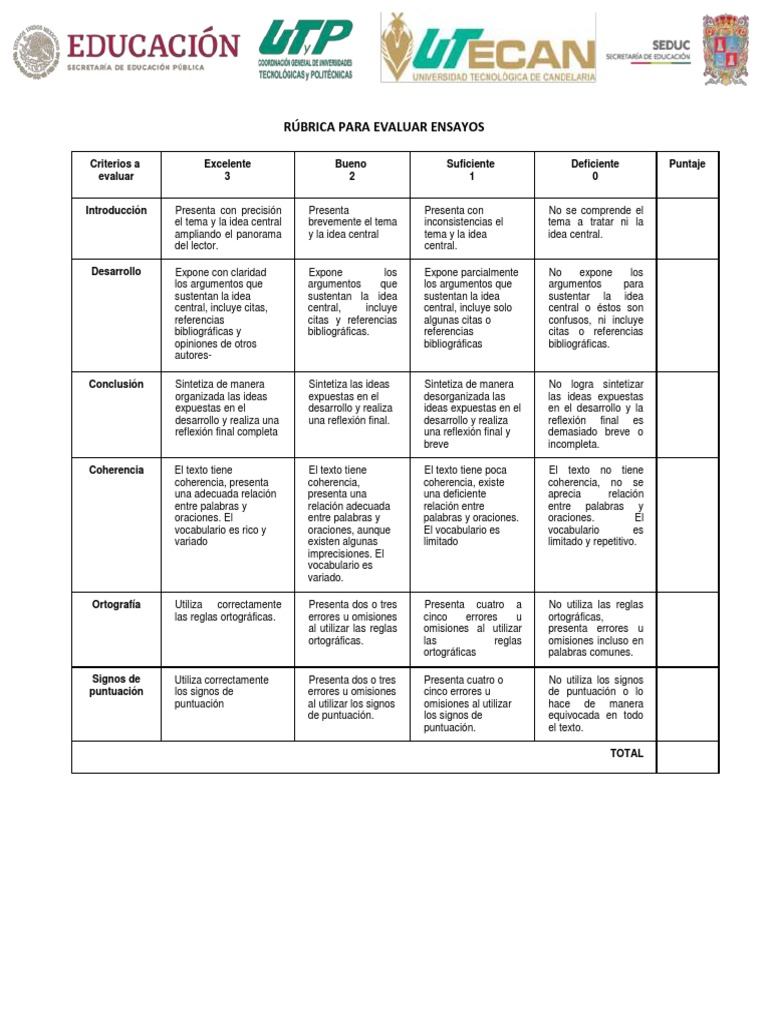 Rubrica para Evaluar Ensayos | PDF | Puntuación | Cognición