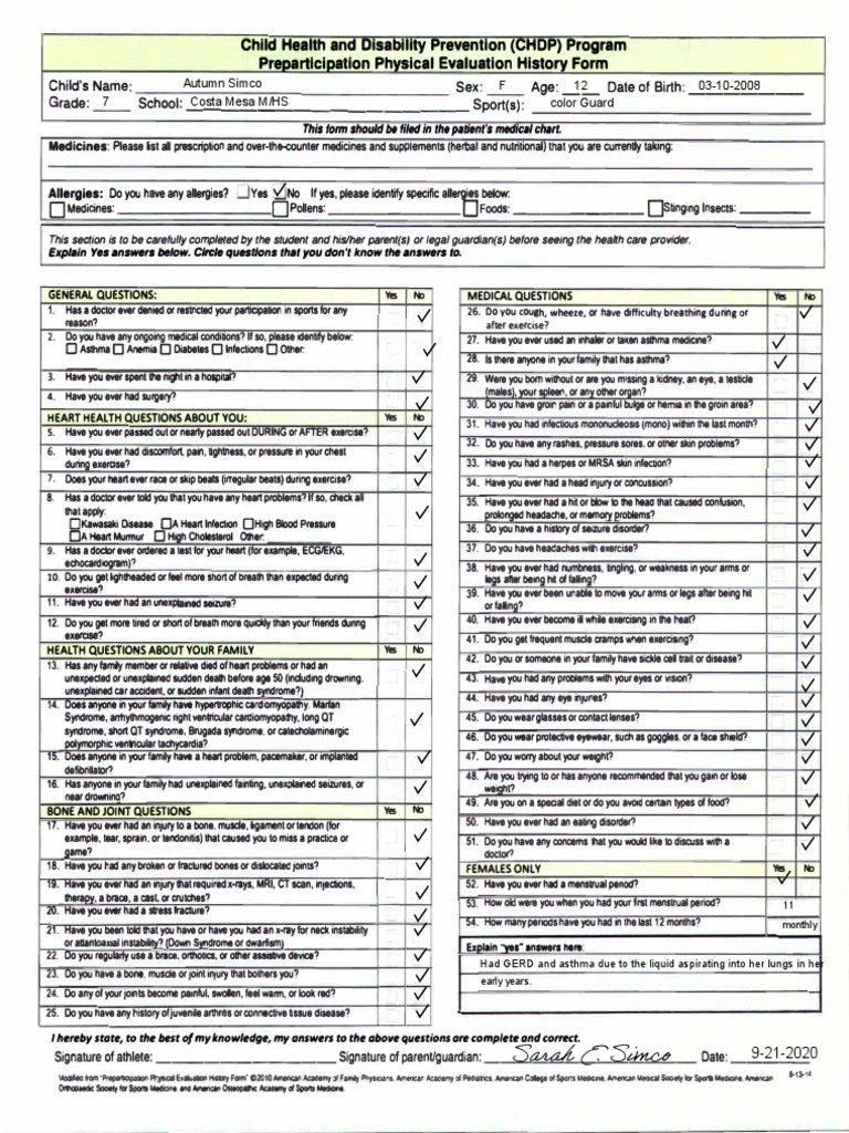 A.S. Physical Form 2020-2021 | PDF | Clinical Medicine | Health Sciences