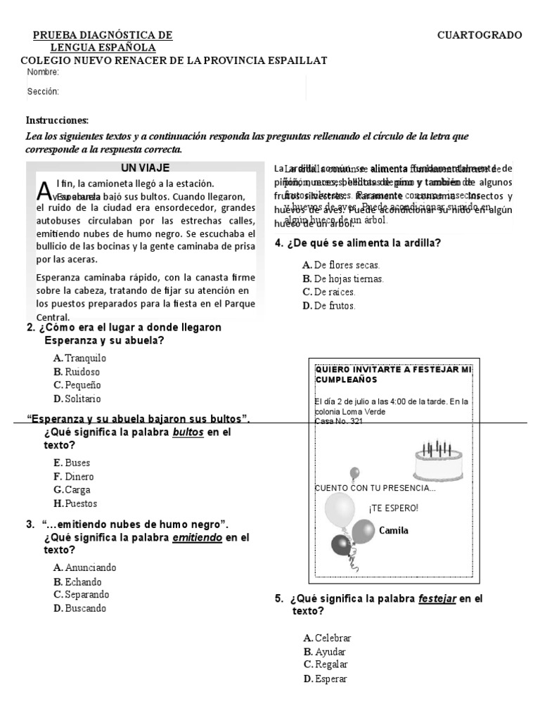 Prueba Diagnóstica 4º Español 1 | PDF
