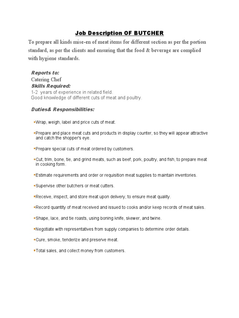 10 Job Description OF BUTCHER | PDF