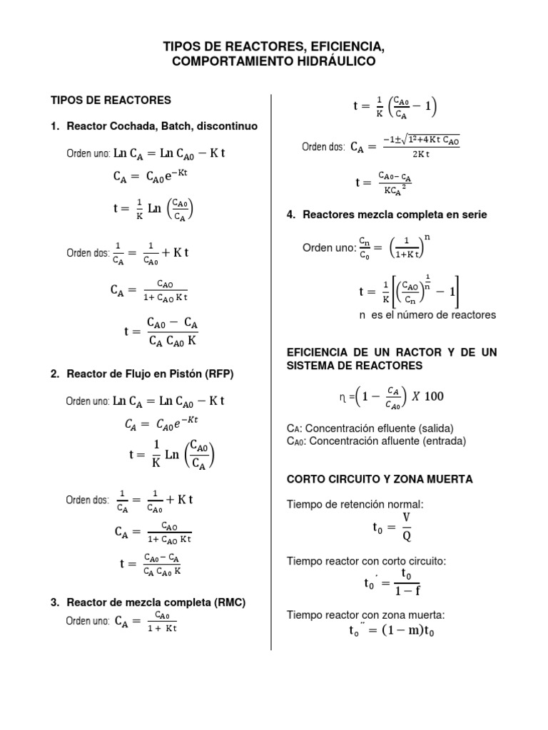 FÓRMULAS Tipos de Reactores | PDF | Ciencia y matemáticas