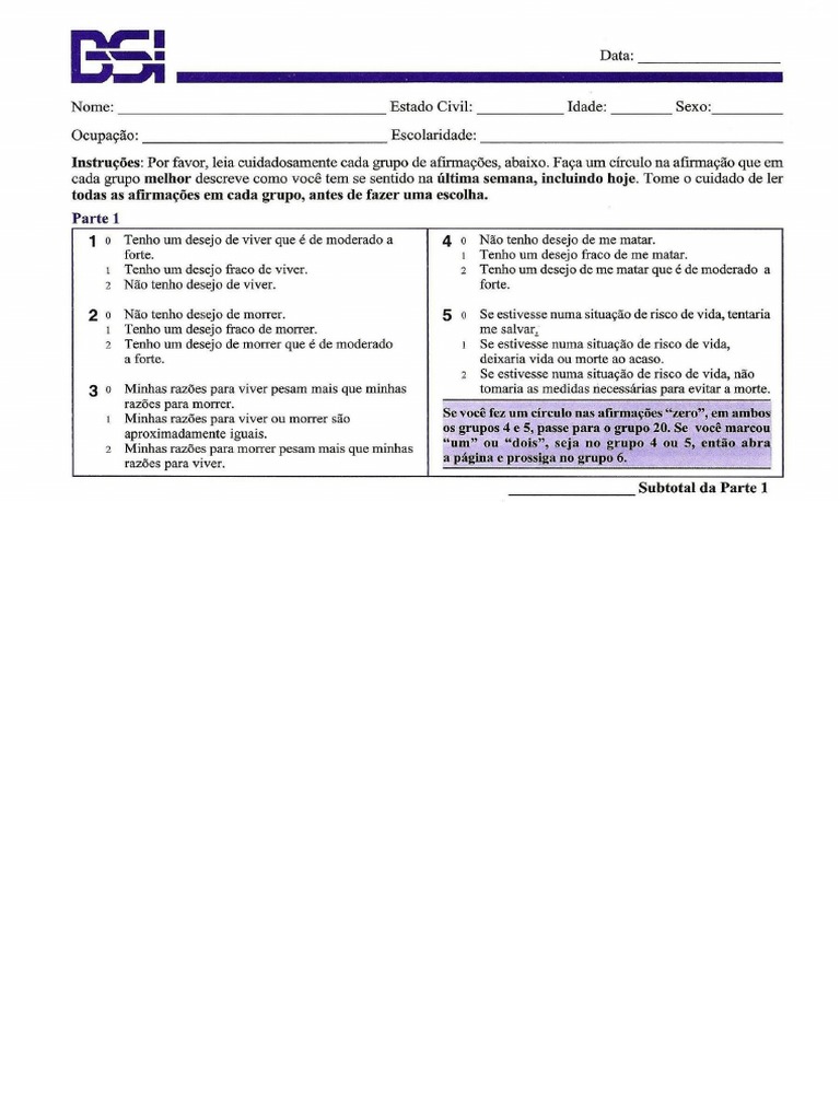 Escala de Beck BSI - Ideação Suicida | PDF