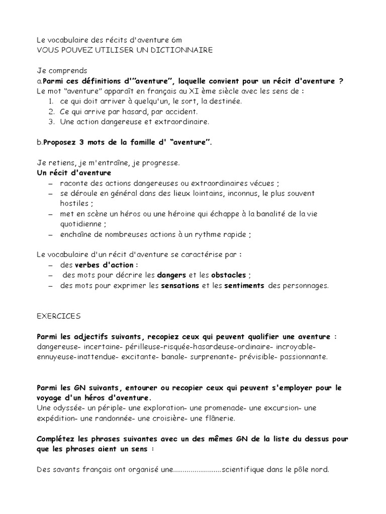 Vocabulaire des récits d'aventure 6ème | PDF | Fiction générale