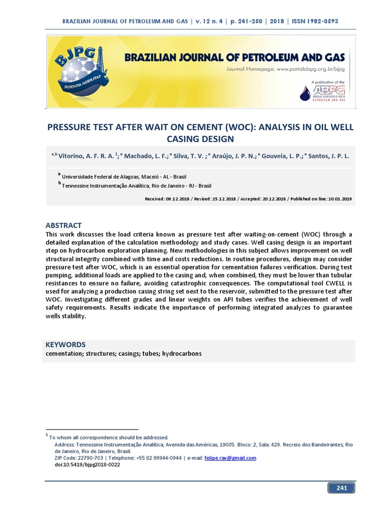 PRESSURE TEST AFTER WOC (Wait On Cement) OIL WELL CASING DESIGN | PDF ...