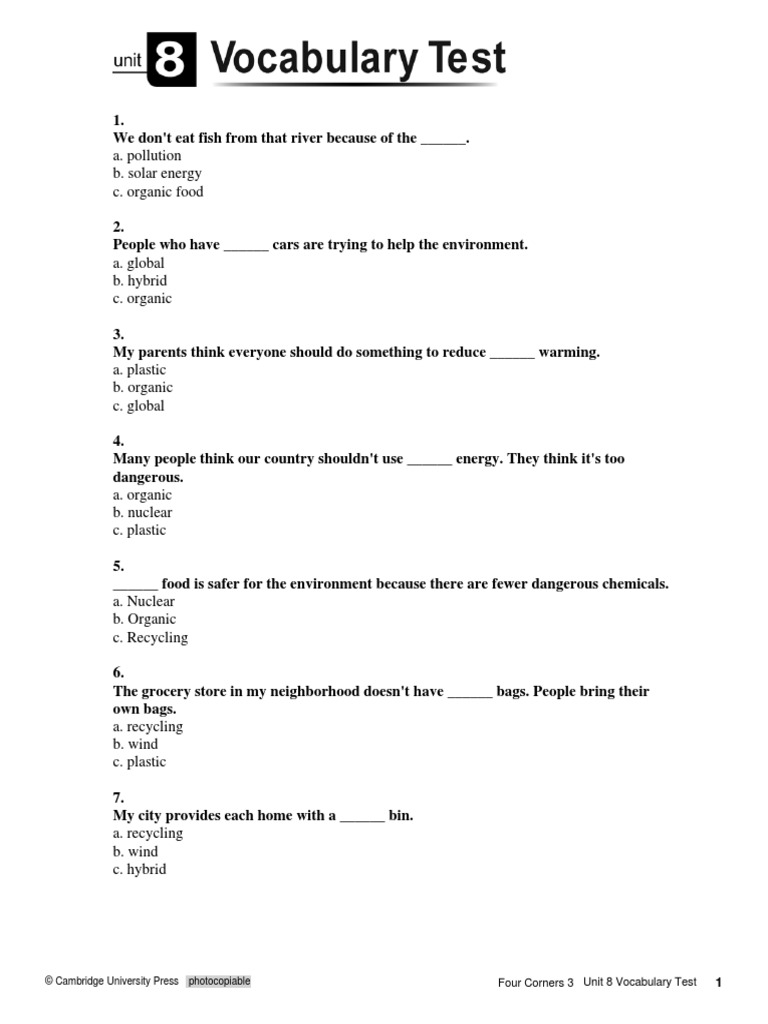 Unit 8 Vocabulary Test | PDF | Hybrid Vehicle | Recycling