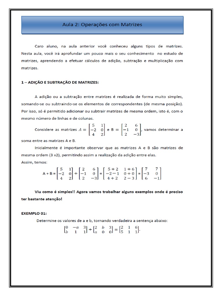 Adição e Subtração de Matrizes | PDF