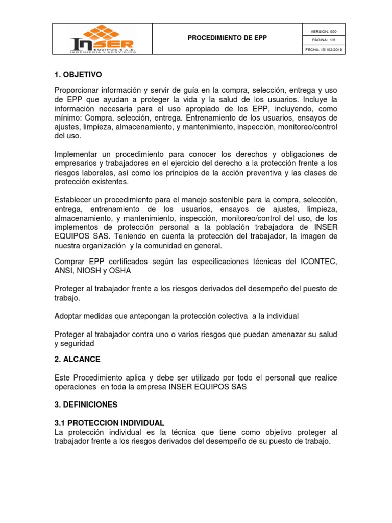 Procedimiento de Epp | PDF | Valores | La seguridad