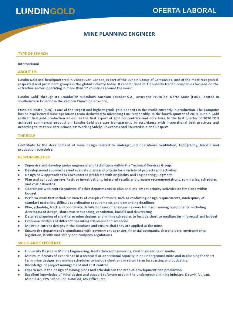 Mine Planning Engineer at Aurelian Ecuador | PDF | Mining | Engineering