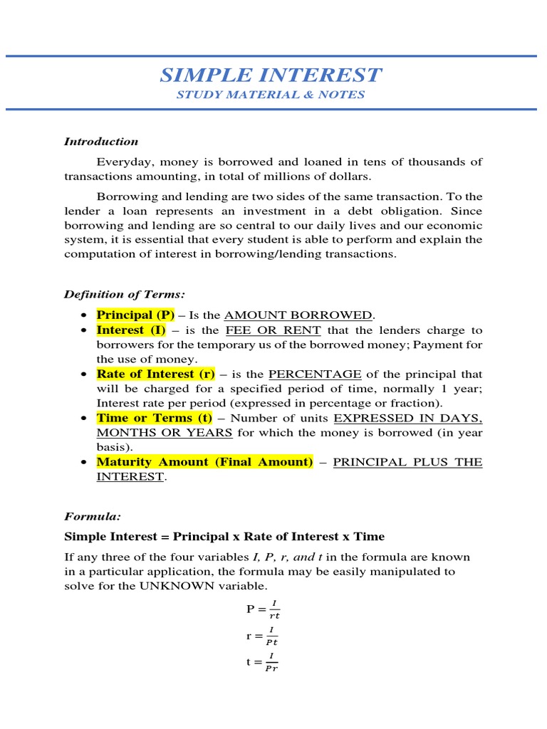Simple Interest: Study Material & Notes | PDF | Interest | Debt