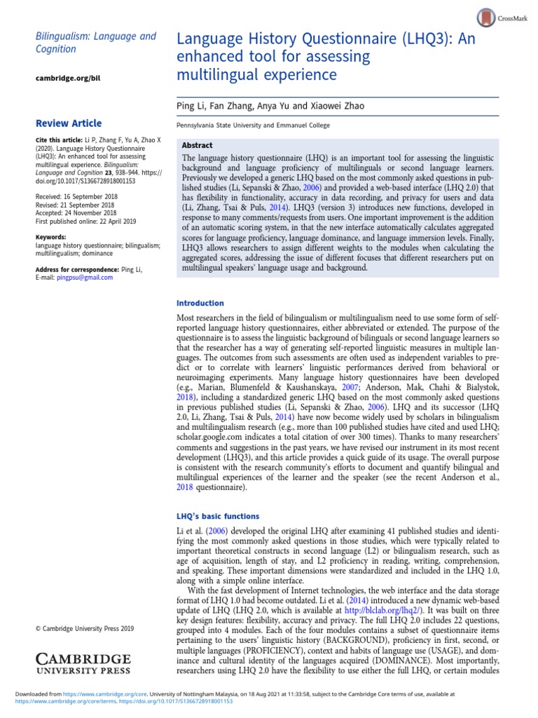 Language History Questionnaire (LHQ3) : An Enhanced Tool For Assessing ...