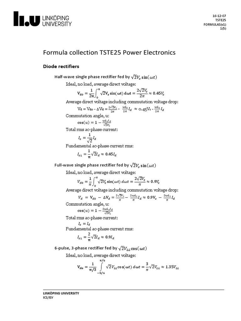 Formula Collection TSTE25 Power Electronics: Diode Rectifiers | PDF | Rectifier | Computer ...