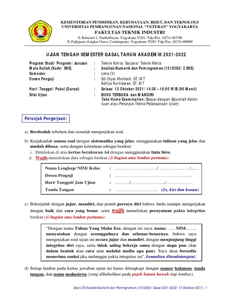 Soal UTS Analisis Numerik Dan Pemrograman - Gasal 2021-2022 - 12 Oktober 2021 | PDF | Metode ...