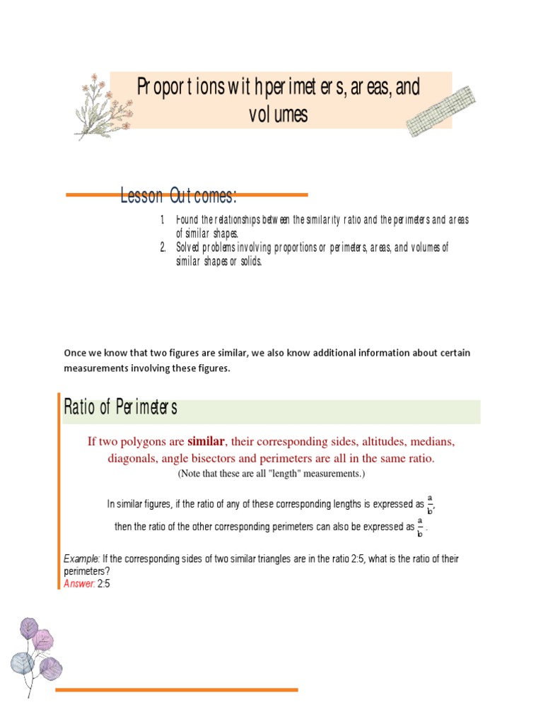 Ratios of Perimeters, Areas, and Volumes | PDF | Area | Ratio