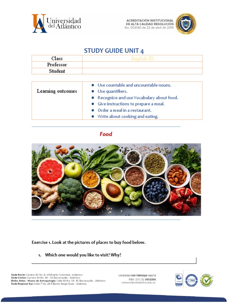 Unit 4: Food Vocabulary & Grammar Guide | PDF | Foods | Meal