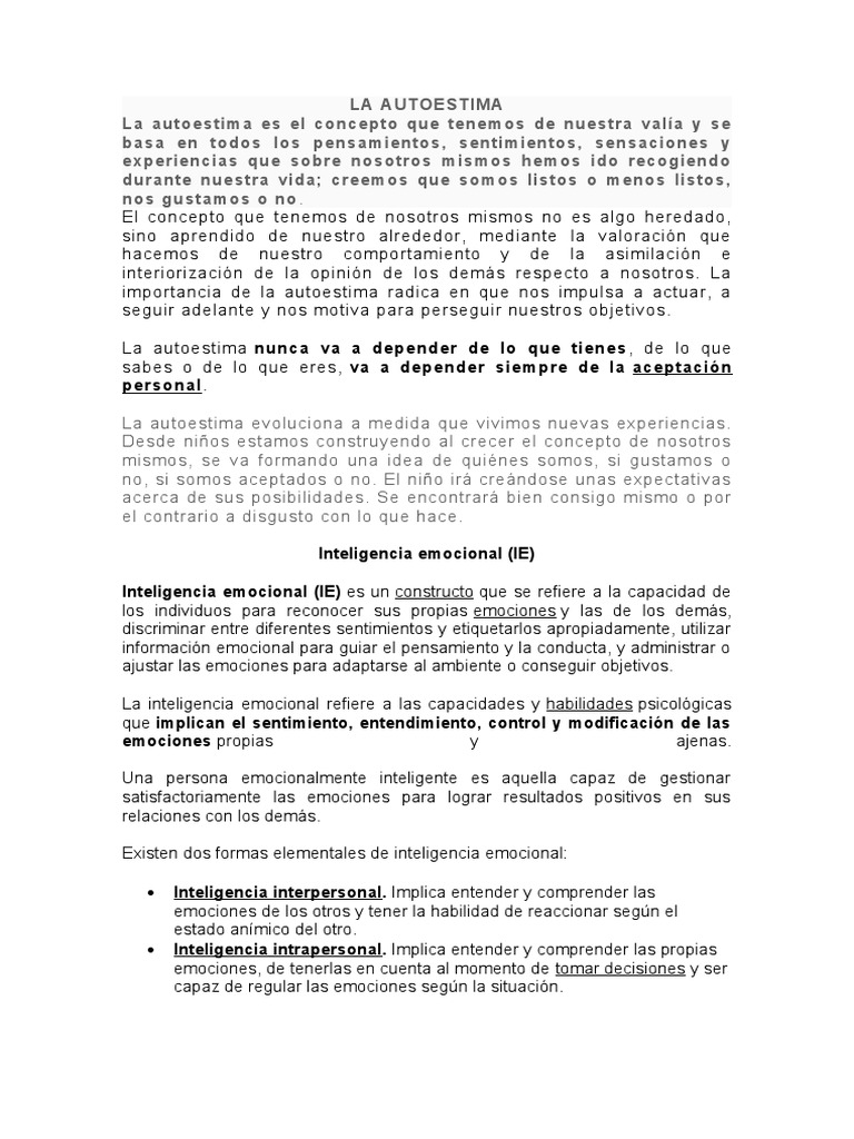 La Autoestima Es El Concepto Que Tenemos de Nuestra Valía y Se Basa en ...