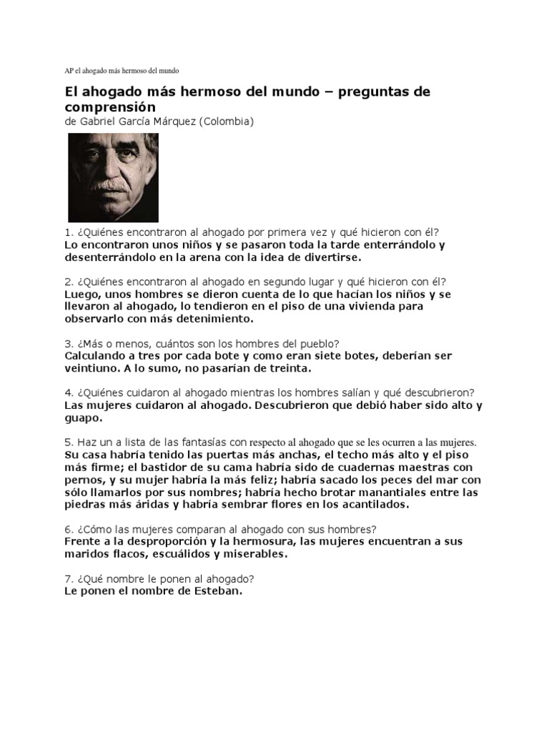 El Ahogado Mas Hermoso Del Mundo Preguntas de Comprension | PDF ...