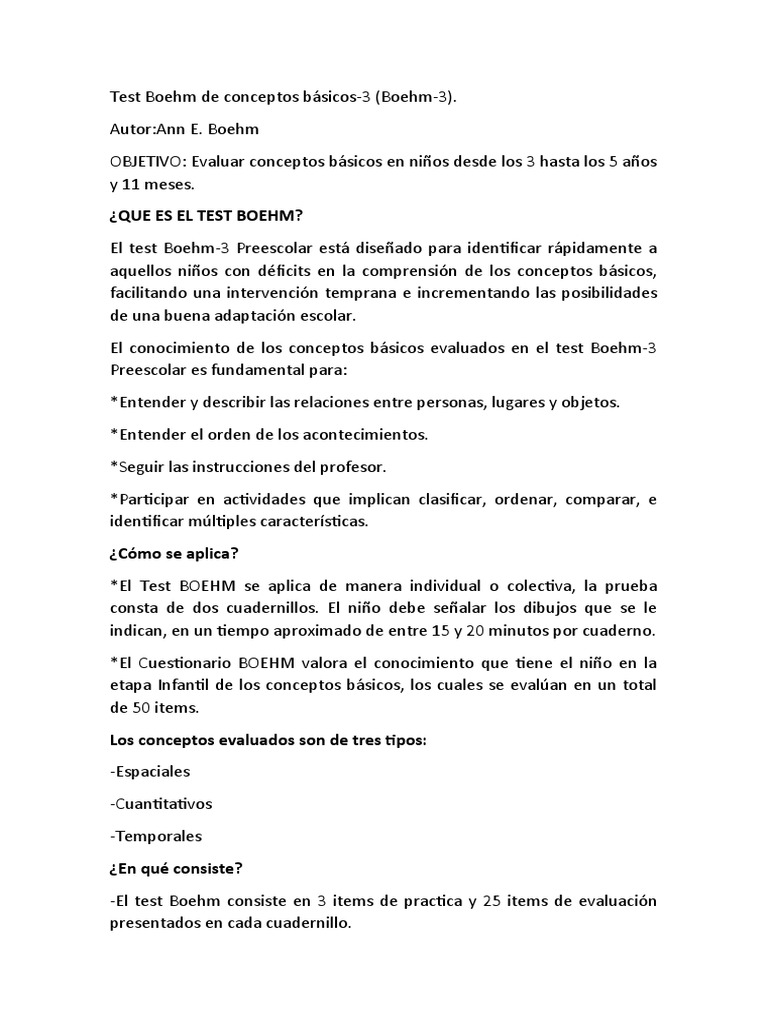 Test Boehm-3 para Evaluar Conceptos Básicos | PDF | Educación de la ...