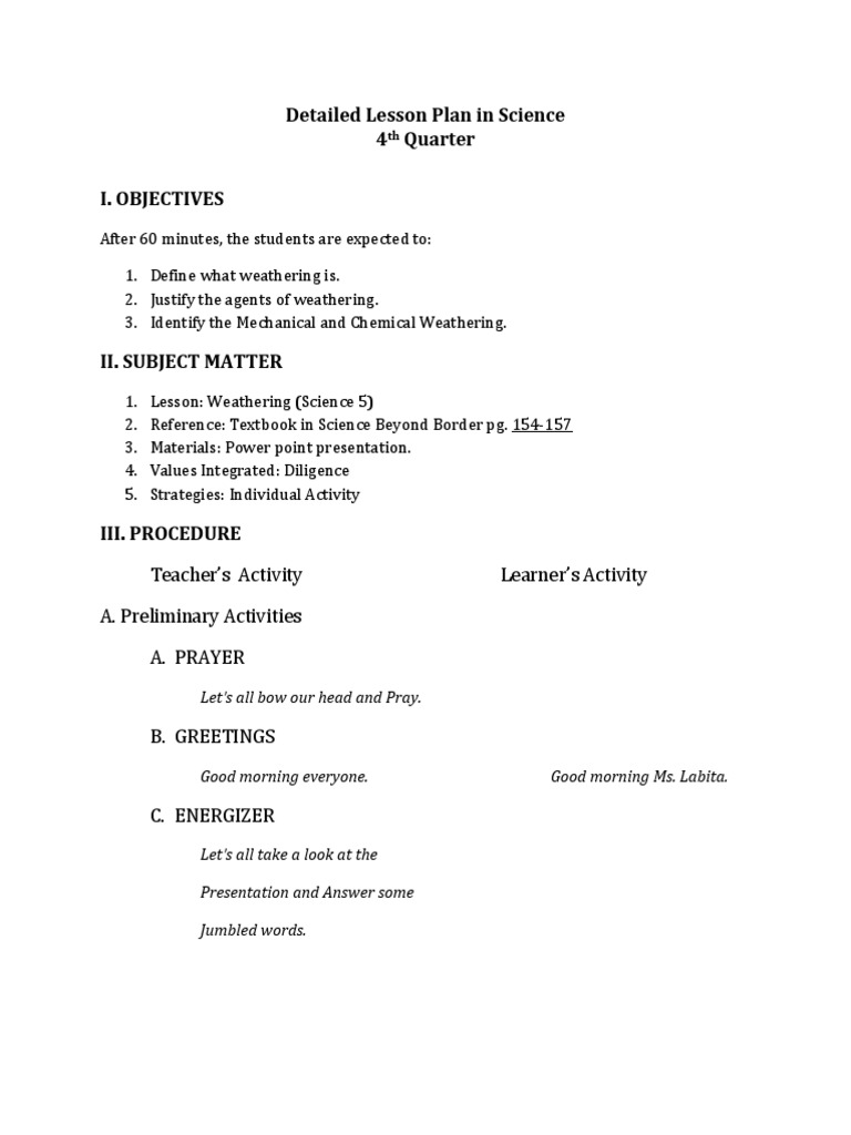 Detailed Lesson Plan in Science | PDF | Weathering | Rock (Geology)