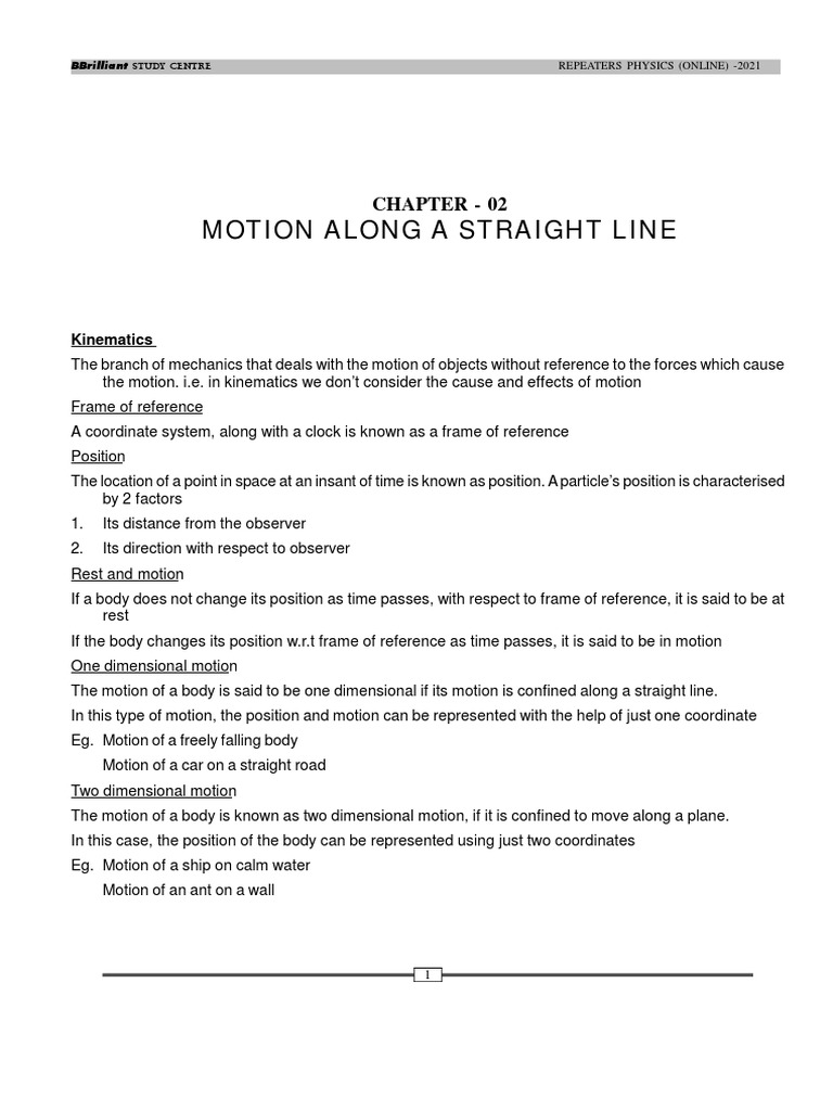 Motion Along A Straight Line: Chapter - 02 | PDF | Acceleration | Velocity