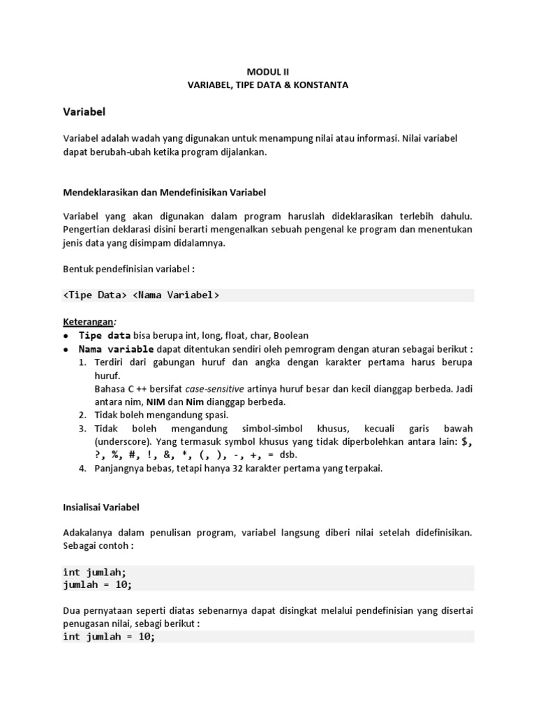 Modul Ii Variabel, Tipe Data & Konstanta | PDF