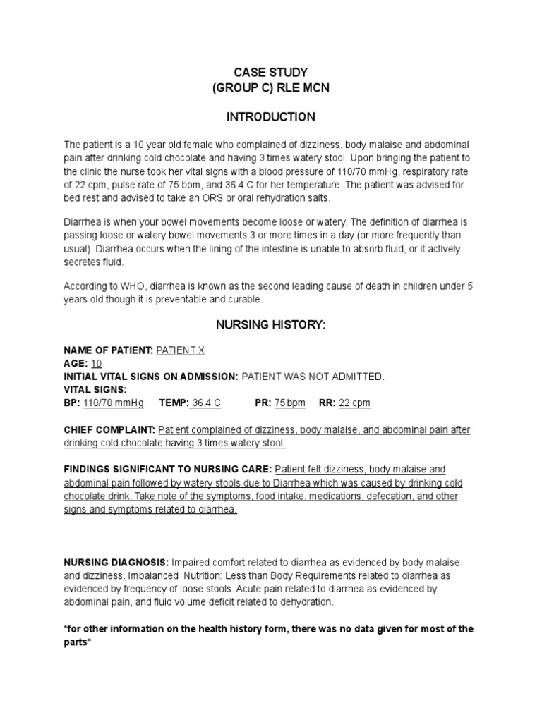 Case Study Group C MCN Rle Level II | PDF | Diarrhea | Dehydration