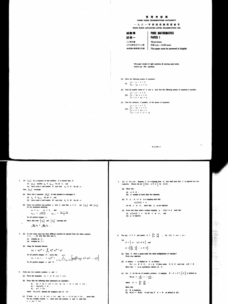 AL Pure Mathematics 1981 Paper 1 | PDF