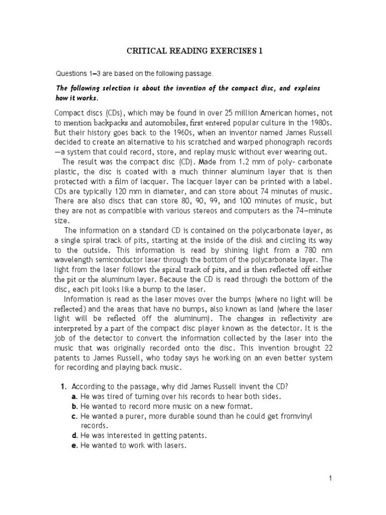 Critical Reading Exercises 1: Questions 1-3 Are Based On The Following ...
