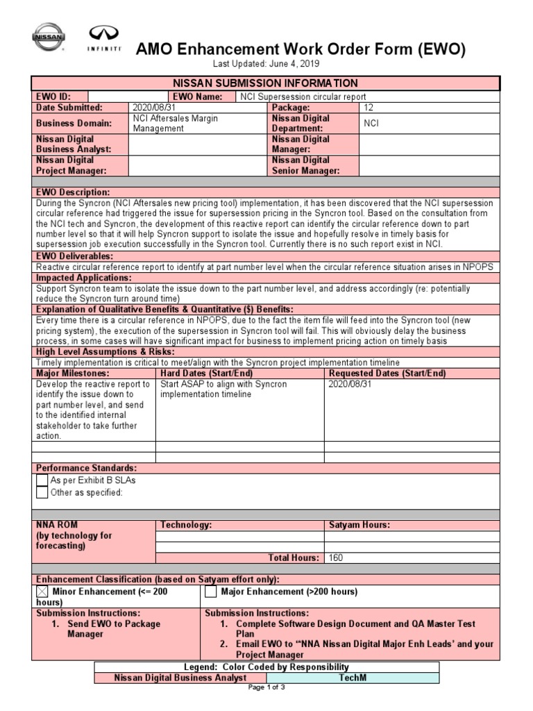 AMO Enhancement Work Order Form (EWO) : Nissan Submission Information ...