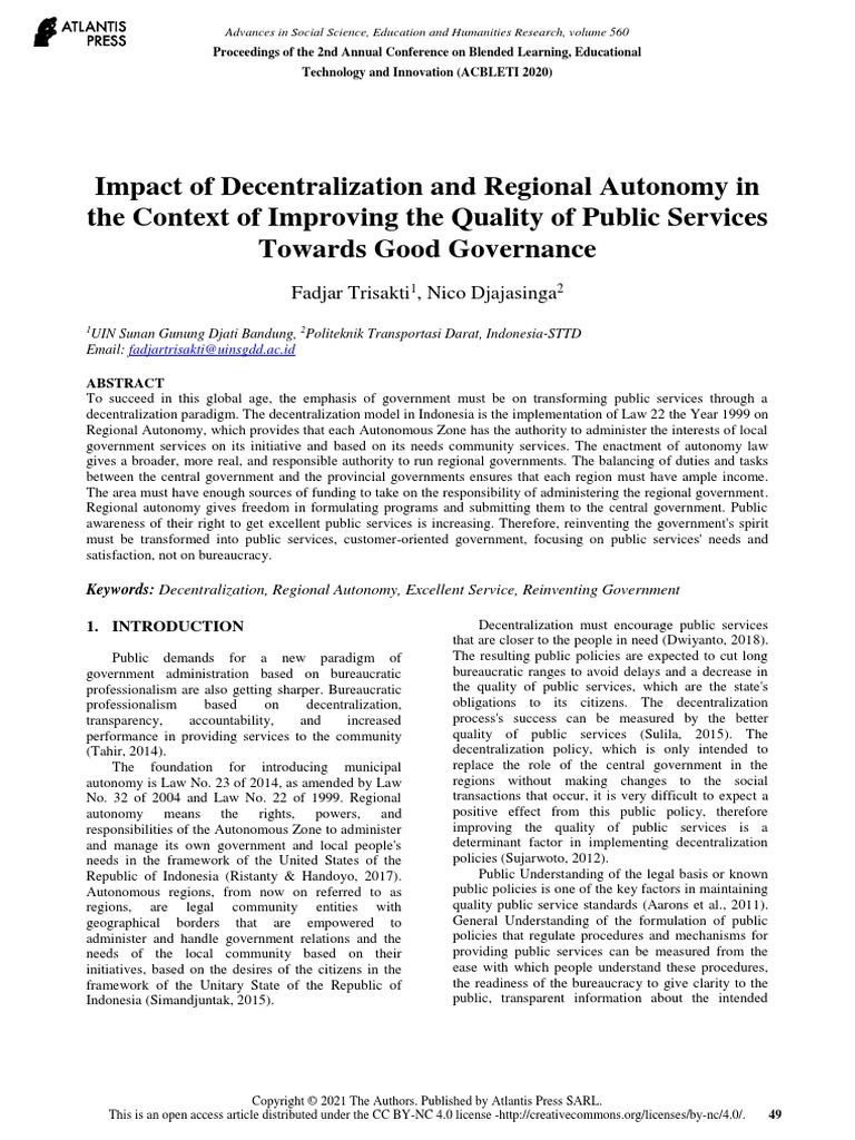 Impact of Decentralization and Regional Autonomy in The Context of ...