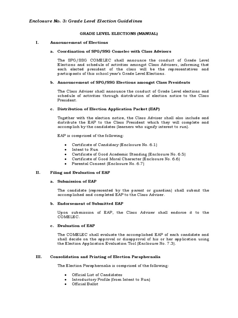 Enclosure No. 3: Grade Level Election Guidelines | PDF | Voting | Elections