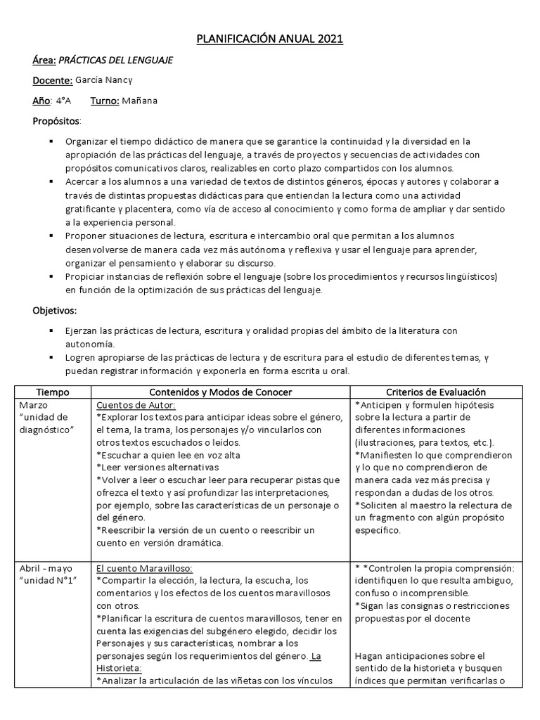 Planificación Anual 4° Grado Lengua | PDF | Imán | Electricidad