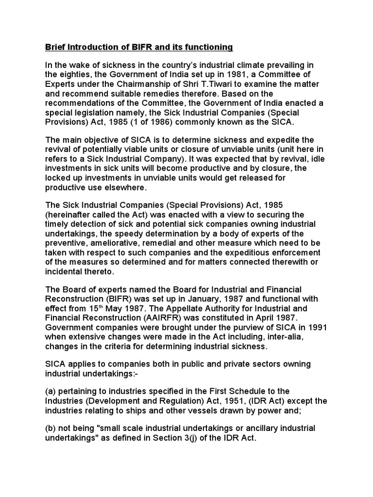 Brief Introduction of BIFR and Its Functioning | PDF | Bankruptcy ...