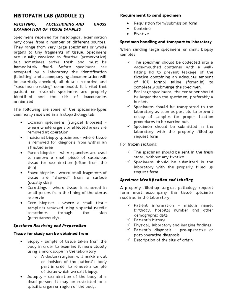 Histopath Lab (Module 2) : Receiving, Accessioning and Gross Examination of Tissue Samples | PDF ...