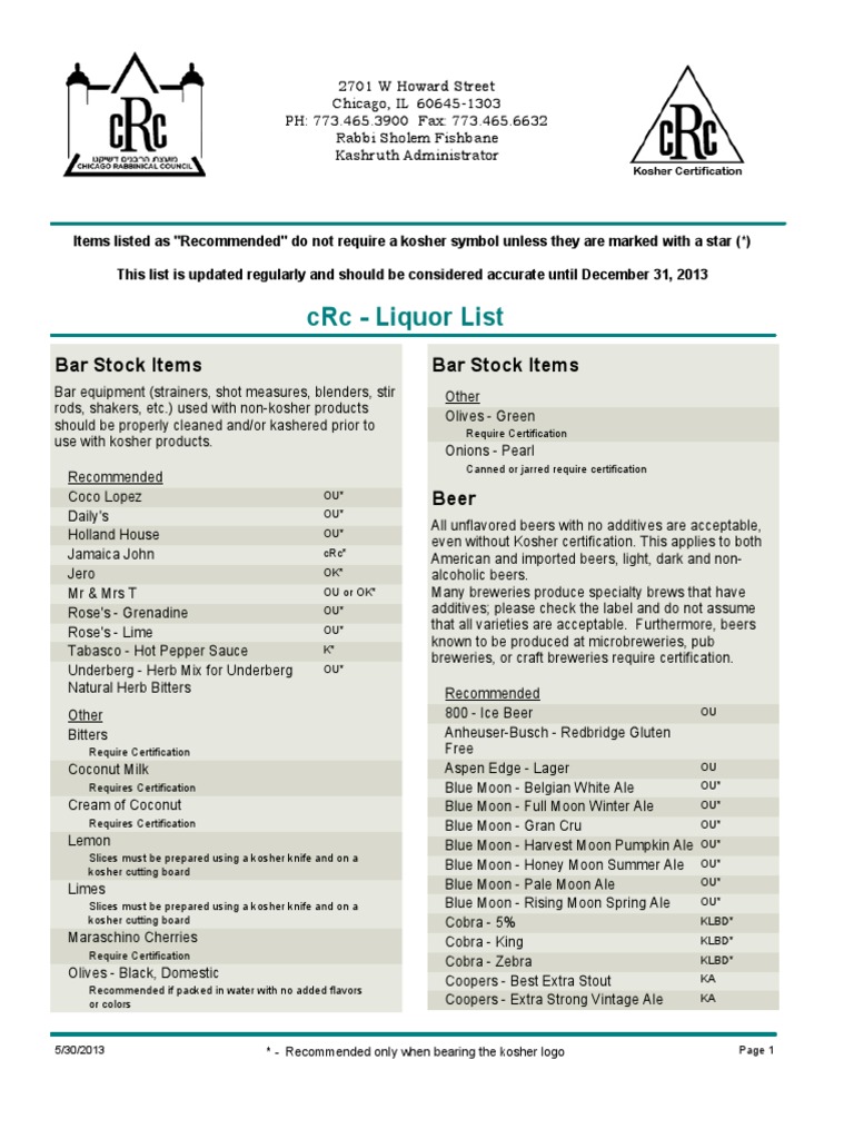 CRC Liquor List Bar Stock Items Bar Stock Items PDF Beer Ale