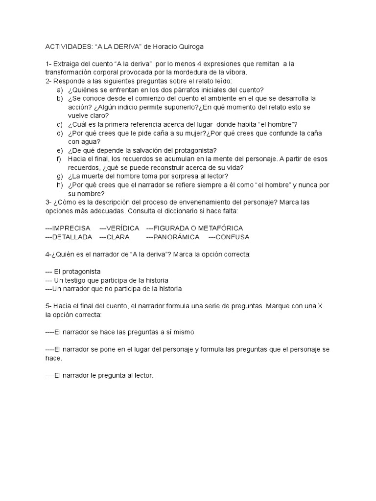 ACTIVIDADES - "A LA DERIVA" de Horacio Quiroga | PDF