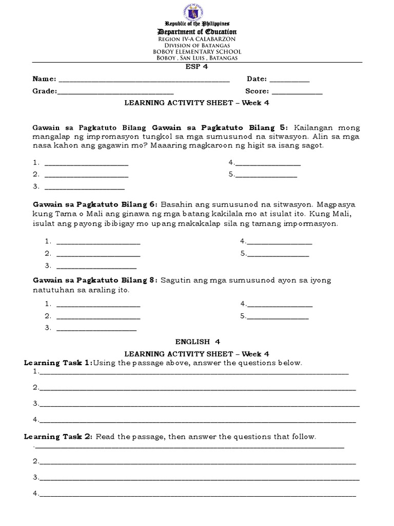 Worksheet Week 4, Quarter 1 | PDF