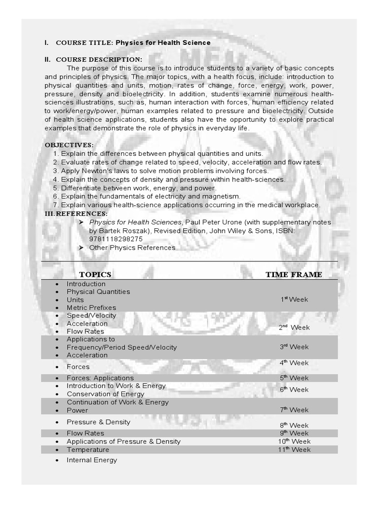 COLLEGE COURSE SYLLABUS. Physics For Health Science | PDF | Force | Physics