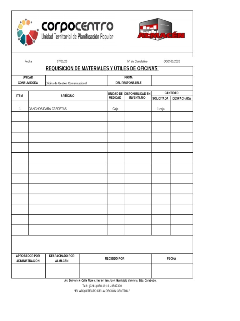 FORMATO DE REQUISICION. DE ALMACEN Y COMPRAS Corpocentro | PDF