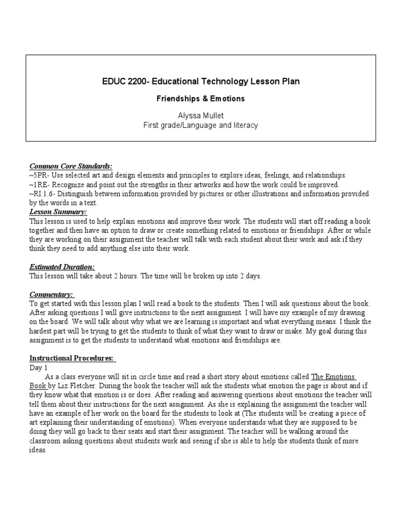 EDUC 2200-Educational Technology Lesson Plan: Friendships & Emotions ...