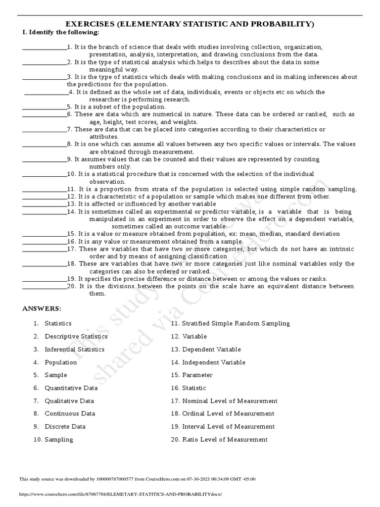 Elemetary Statitics and Probability | PDF | Statistics | Sampling ...